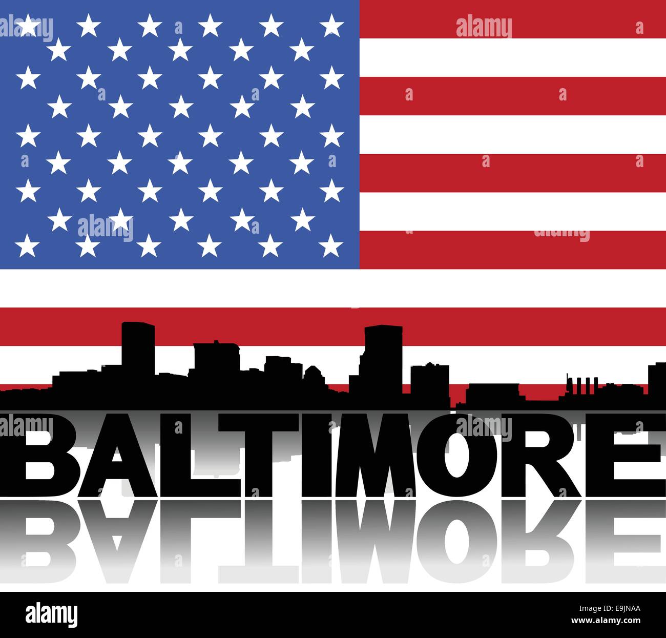 Baltimore skyline and text reflected with flag vector illustration ...