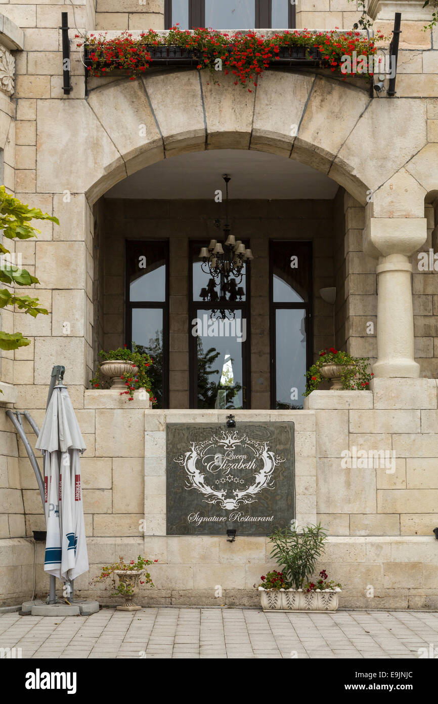 Entrance sign to the upscale Queen Elizabeth Restaurant in Constanta ...