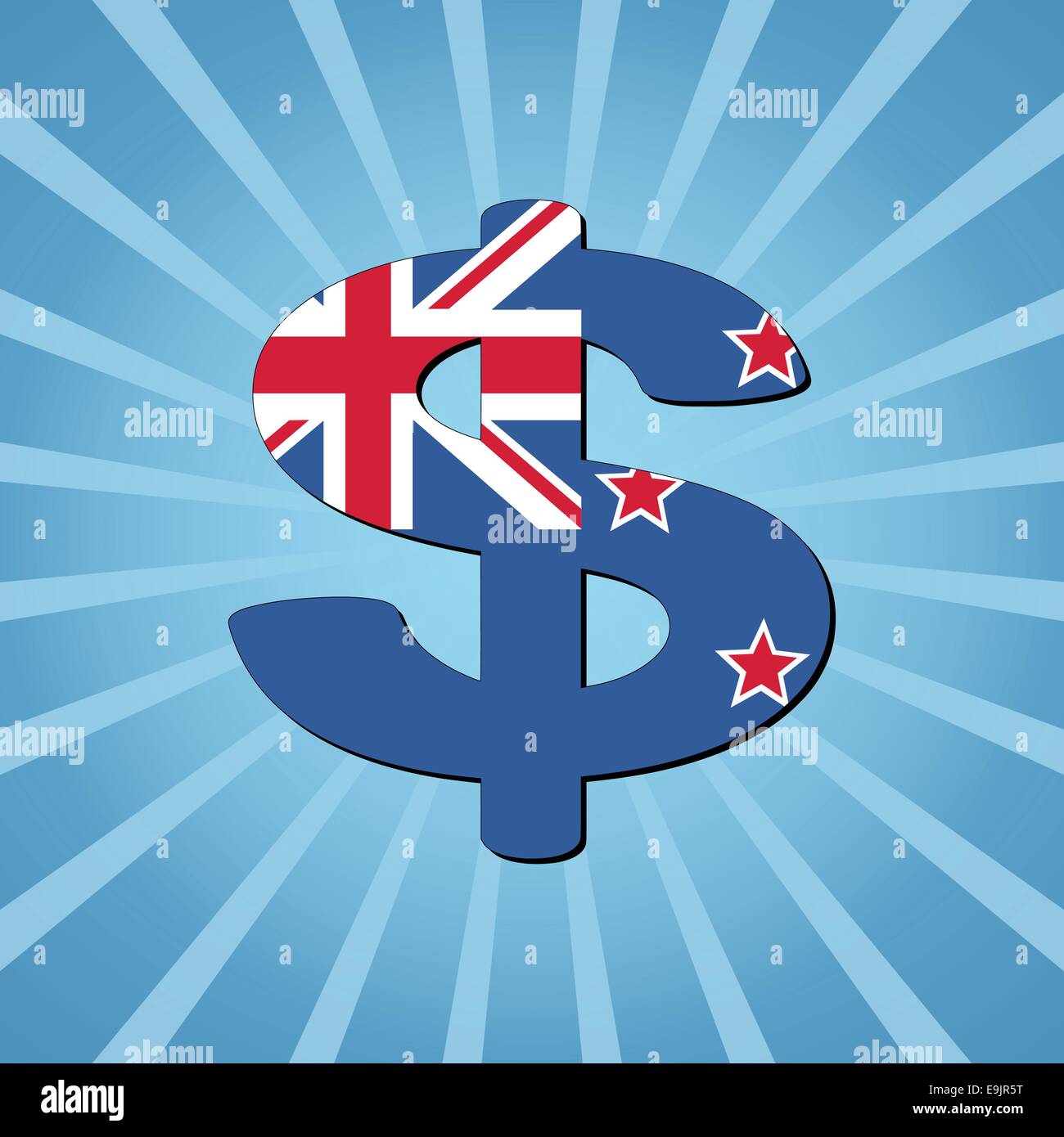 New Zealand dollar symbol on blue sunburst illustration Stock Vector ...