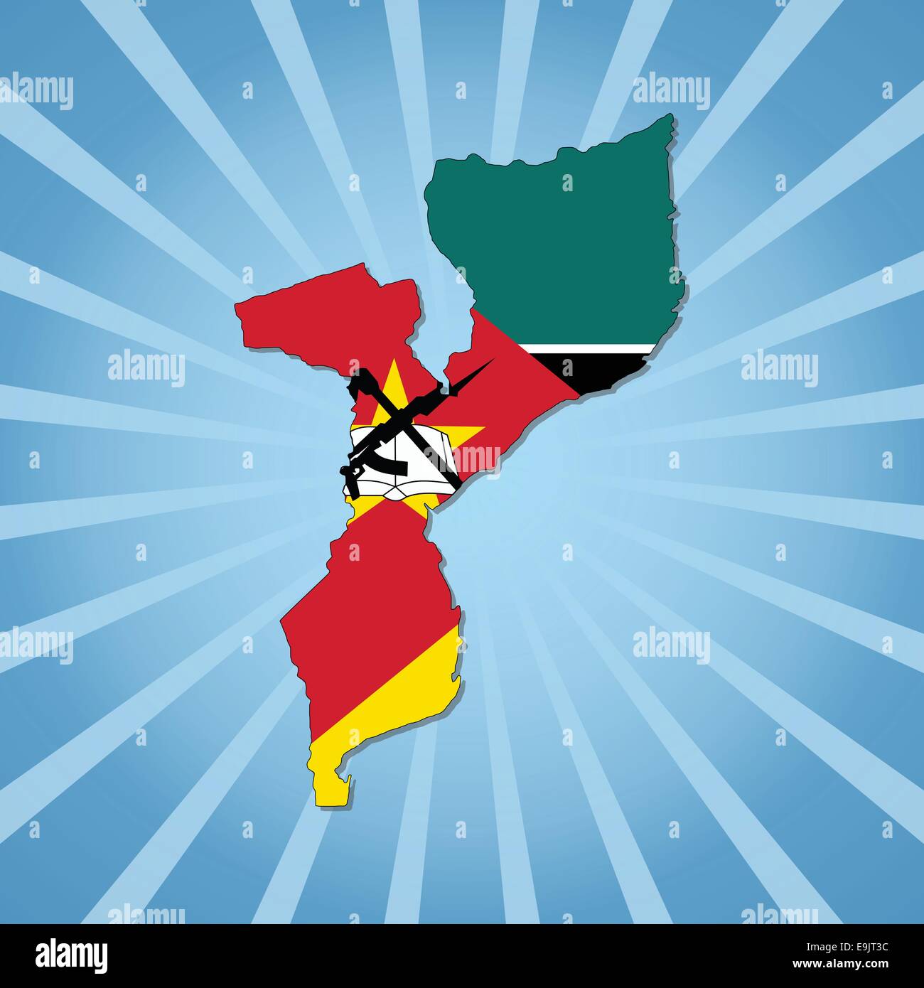 Mozambique map flag on blue sunburst illustration Stock Vector Image ...