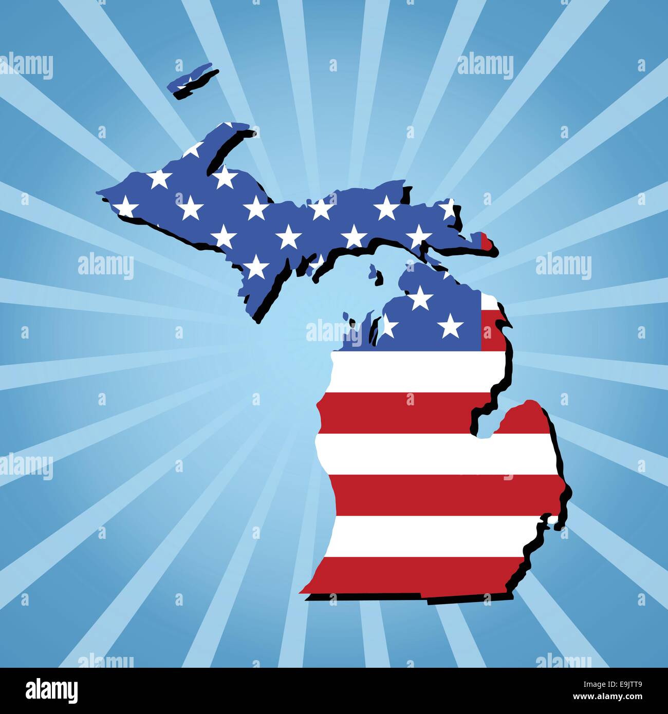 Michigan map flag on blue sunburst illustration Stock Vector Image ...