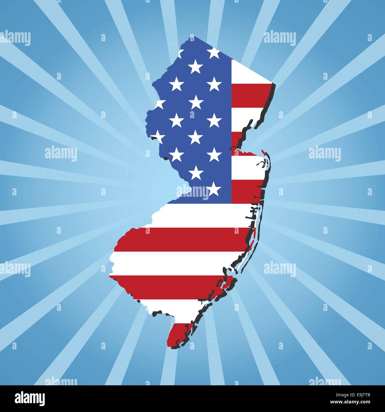 New Jersey map flag on blue sunburst illustration Stock Vector Image ...