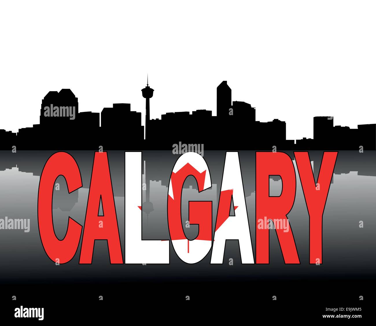 Calgary skyline reflected with flag text vector illustration Stock ...