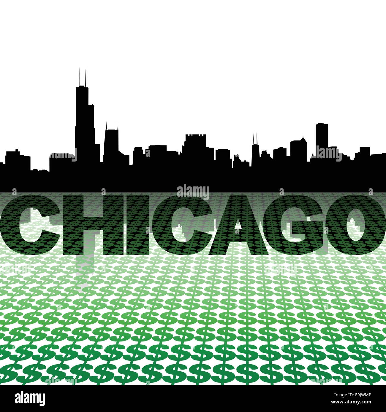 Chicago skyline reflected with dollar symbols illustration Stock Vector ...