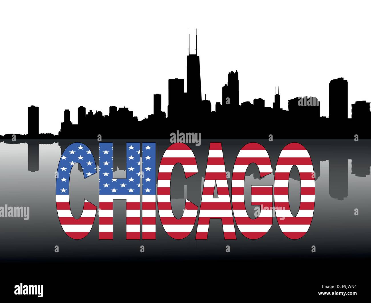 Chicago skyline and text reflected with American flag vector ...