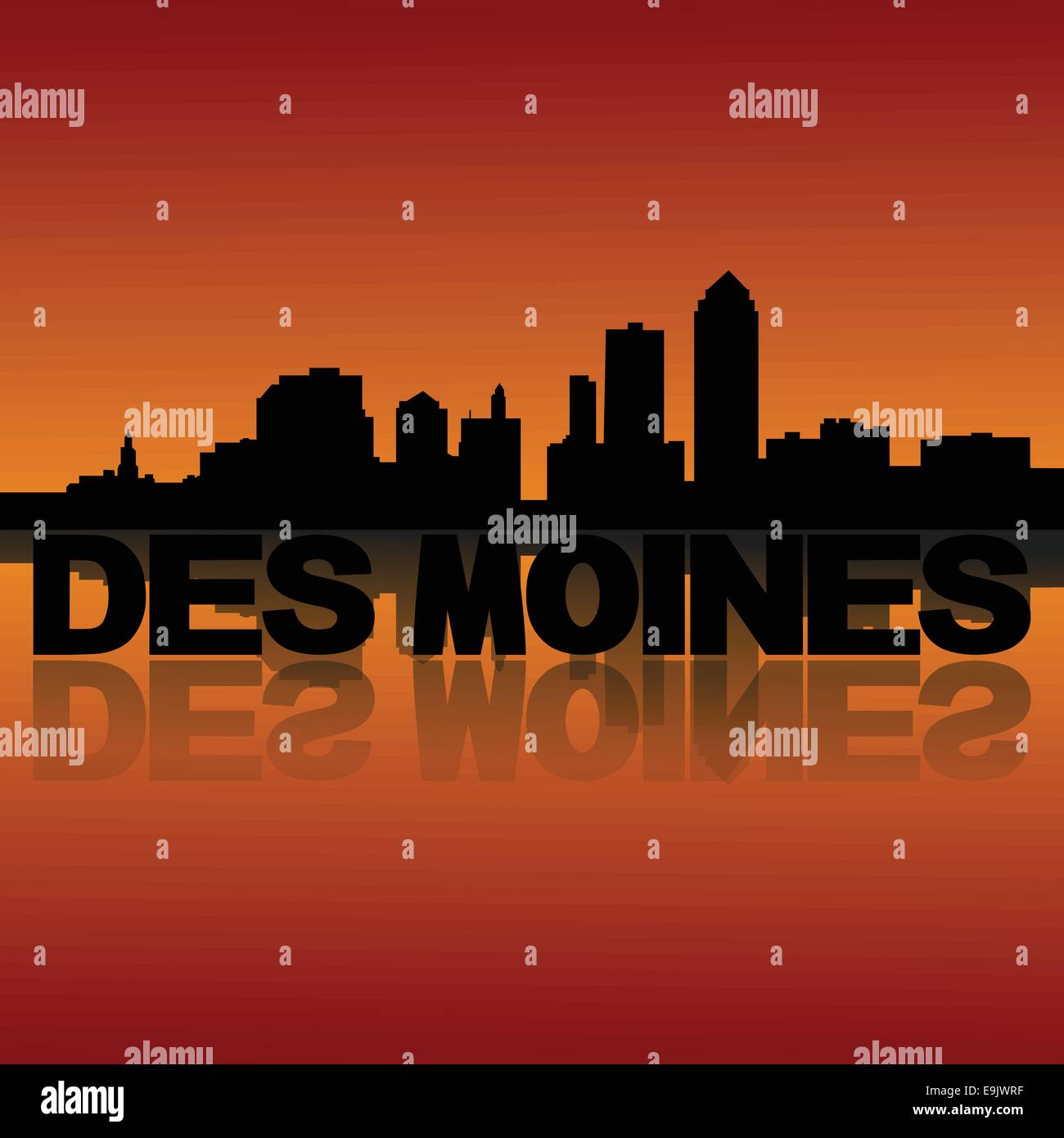 Des Moines skyline reflected at sunset vector illustration Stock Vector ...