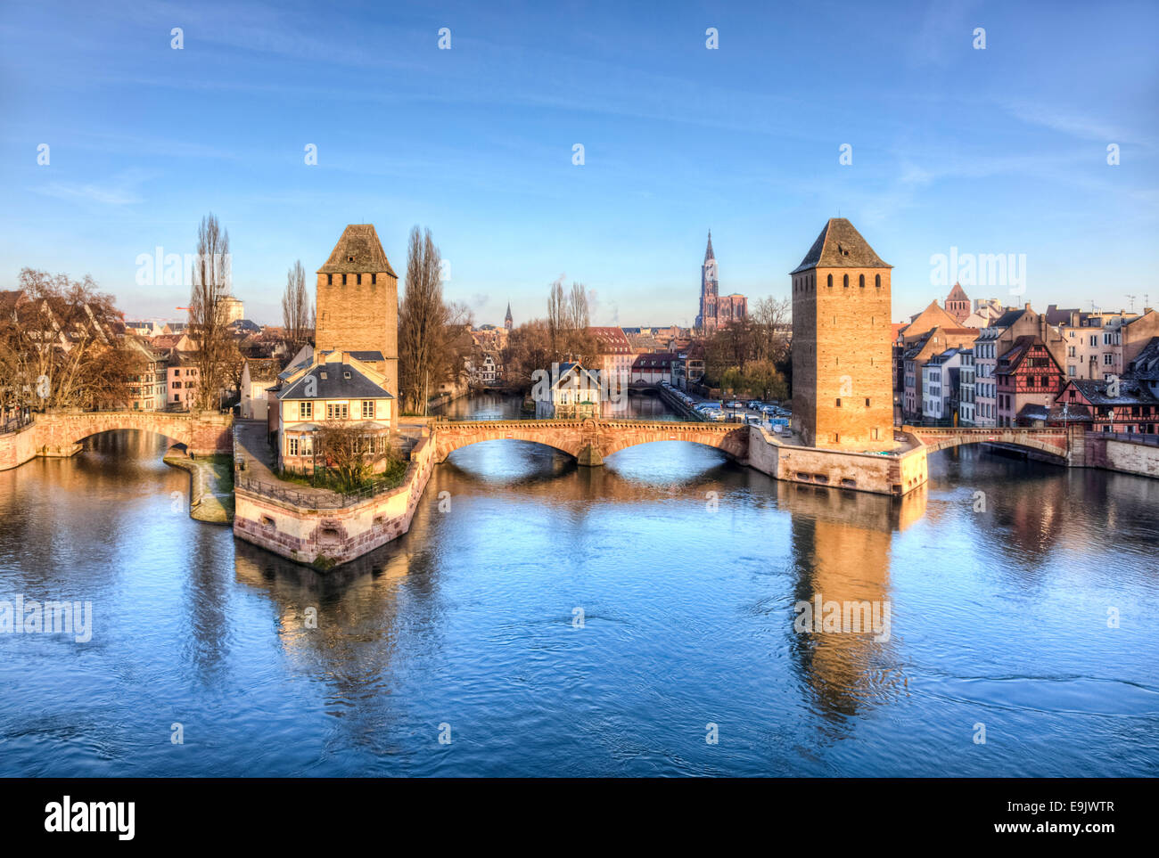 Winter panorama of the famous bridges Ponts Couverts in Strasbourg ...