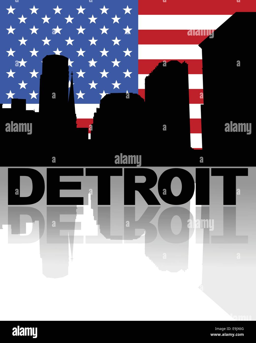 Detroit skyline and text reflected with American flag vector ...