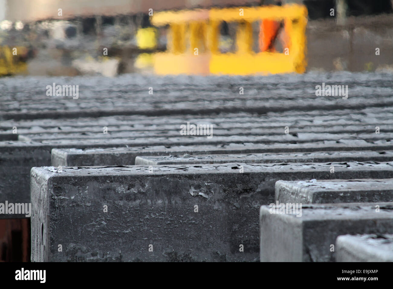 Hot steel bars from continuous casting machine on cooling bank Stock ...