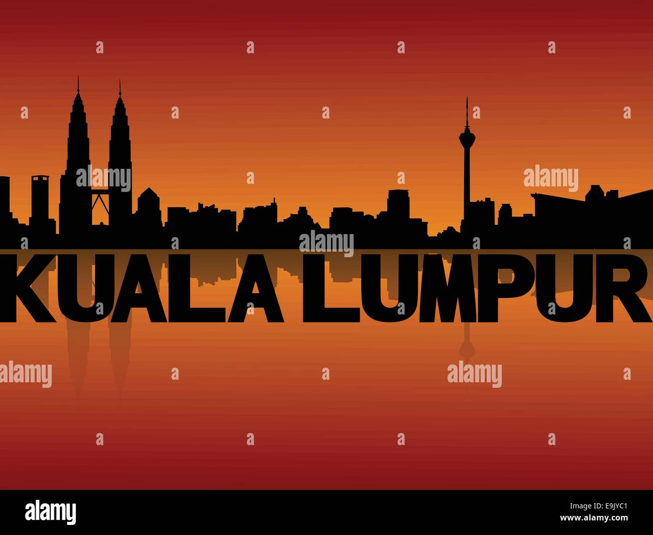 Kuala Lumpur skyline reflected at sunset vector illustration Stock ...