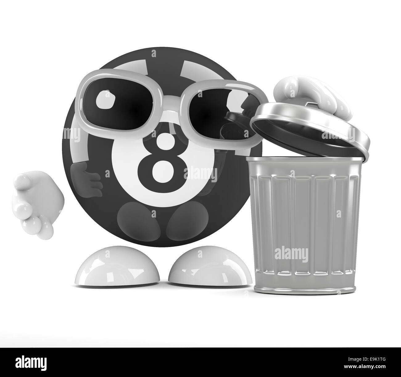 3d render of an 8-ball character next to a rubbish bin Stock Photo - Alamy