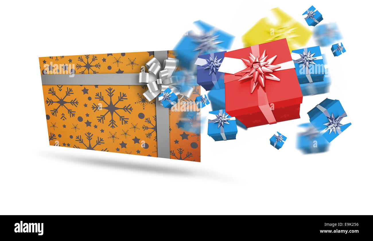 Composite image of flying christmas presents Stock Photo - Alamy