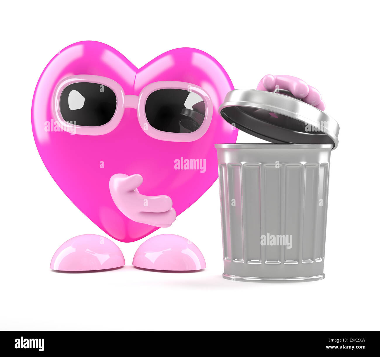 3d render of a heart character with a trash can Stock Photo - Alamy