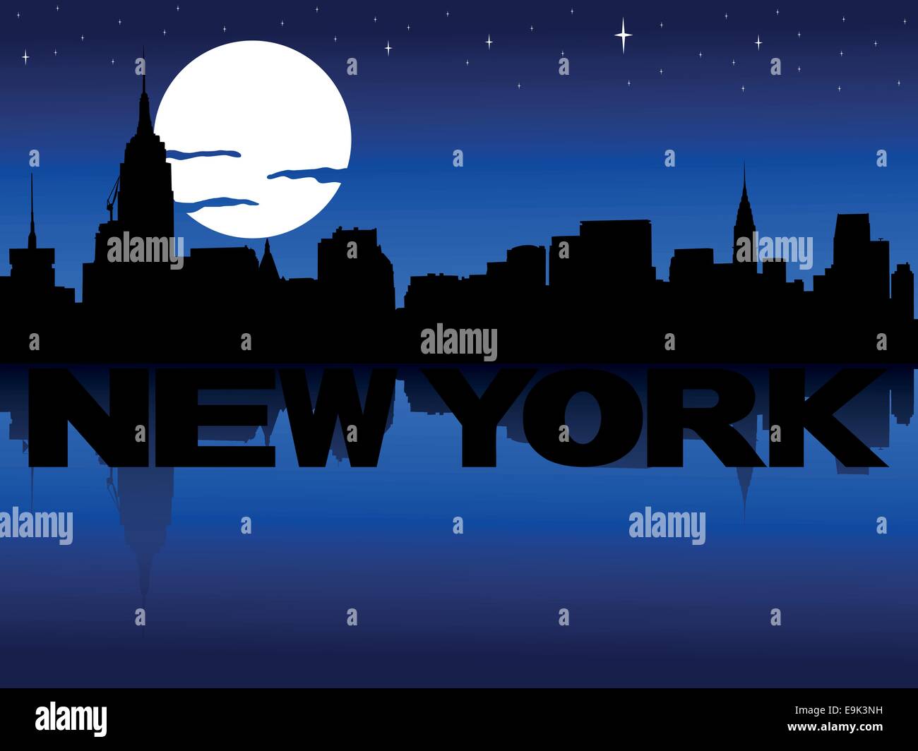 Midtown Manhattan skyline reflected with text and moon vector ...