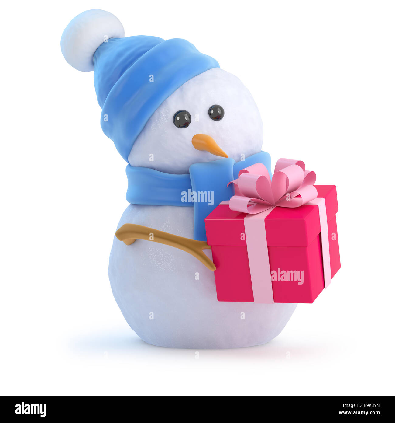 3d render of a snowman in a blue scarf and hat holding a Christmas gift ...