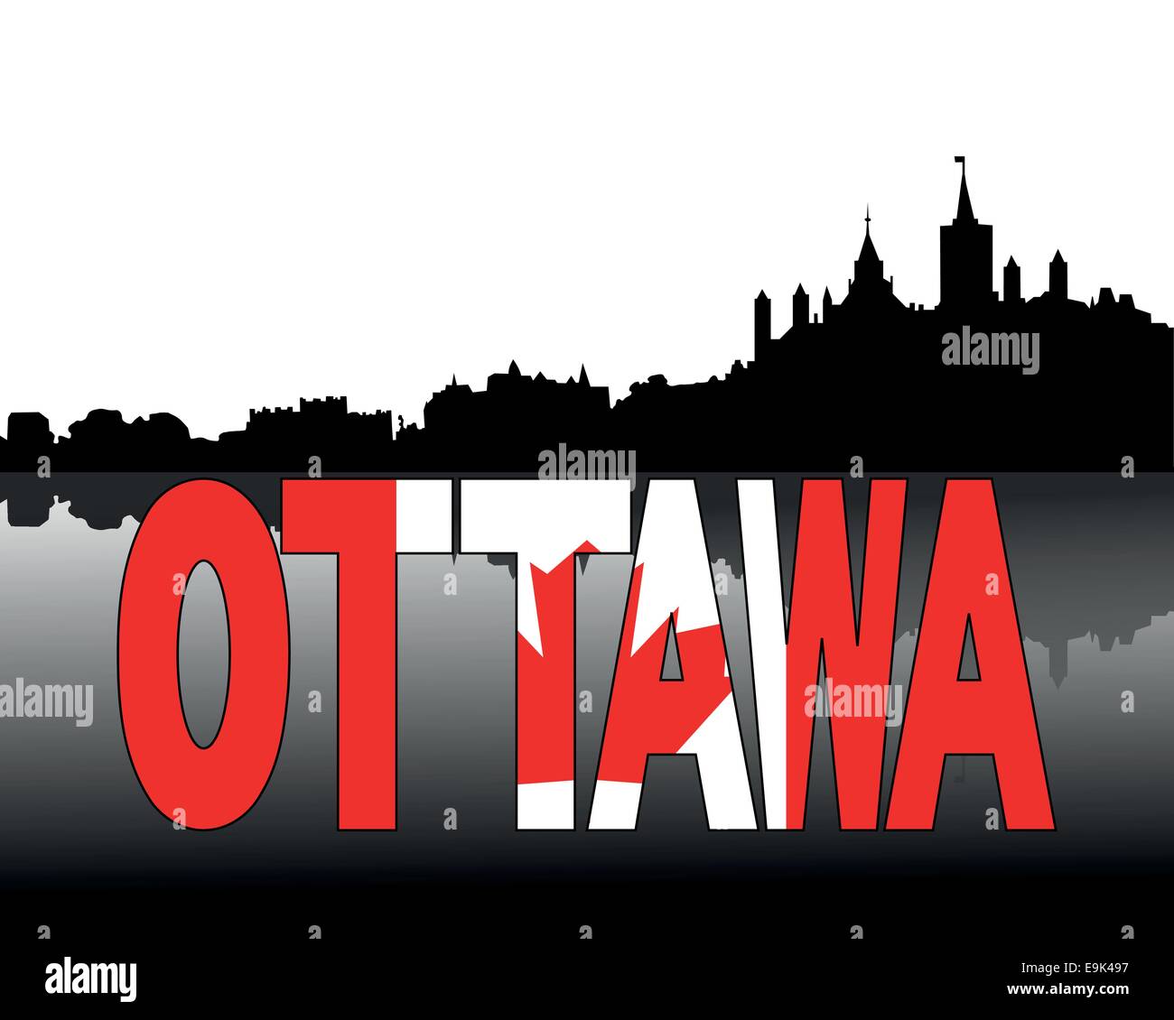 Ottawa skyline reflected with flag text vector illustration Stock ...