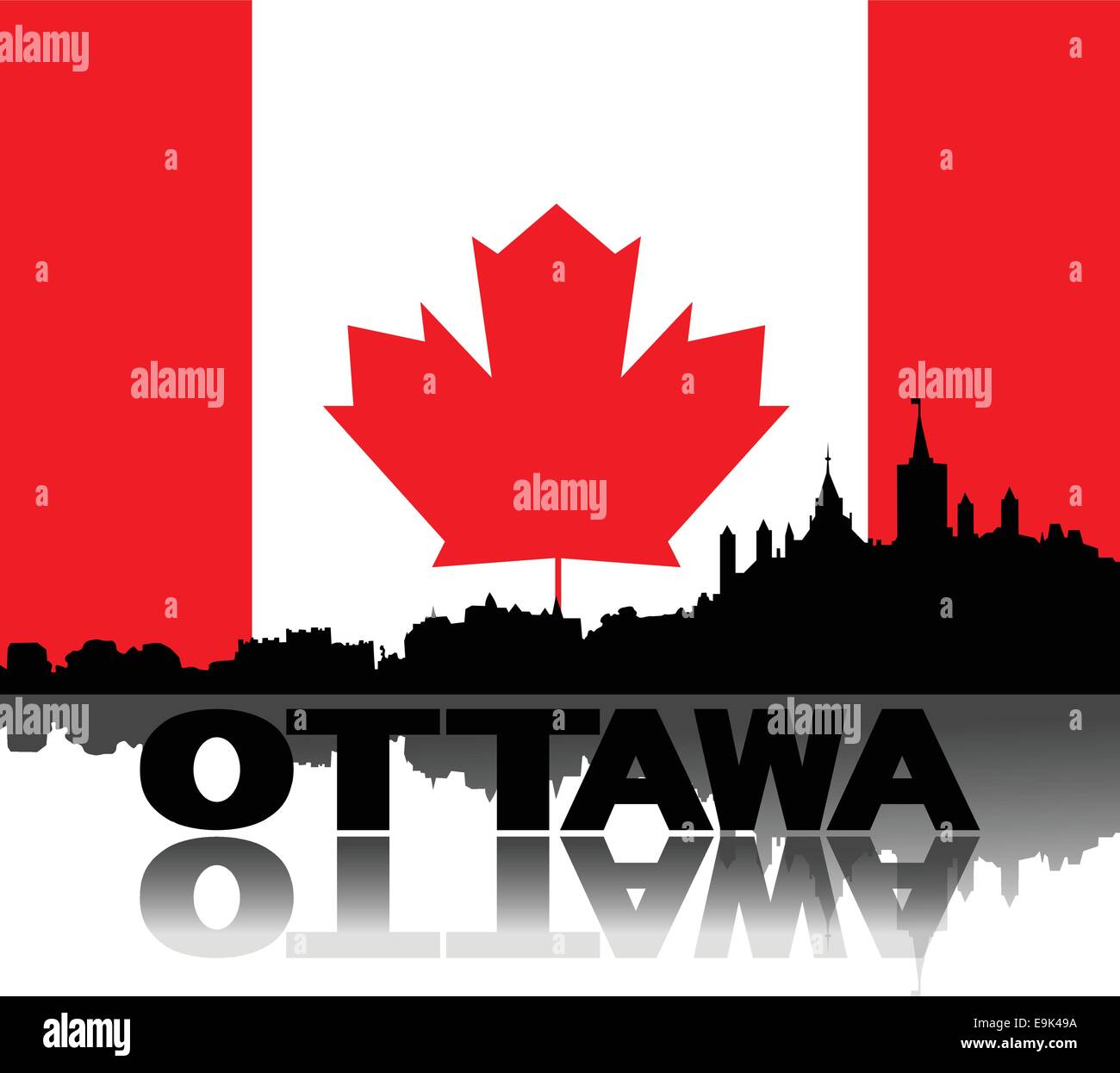 Ottawa skyline and text reflected with flag vector illustration Stock ...