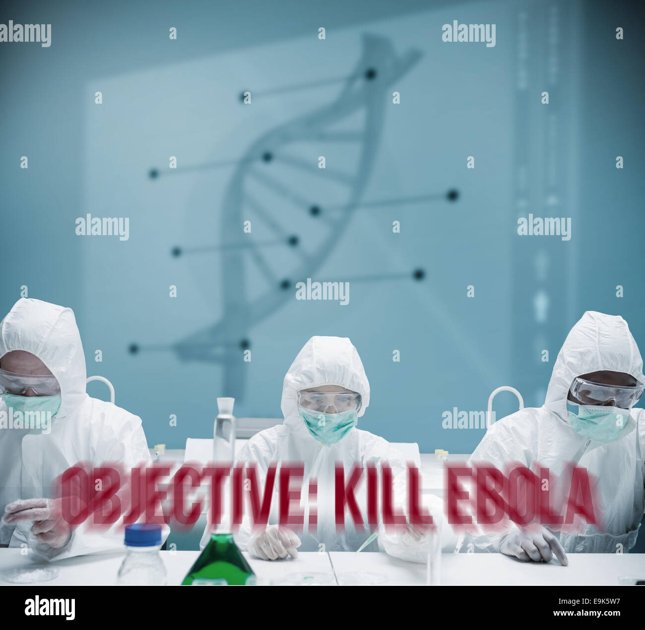Chemists working in protective suit with futuristic interface showing ...