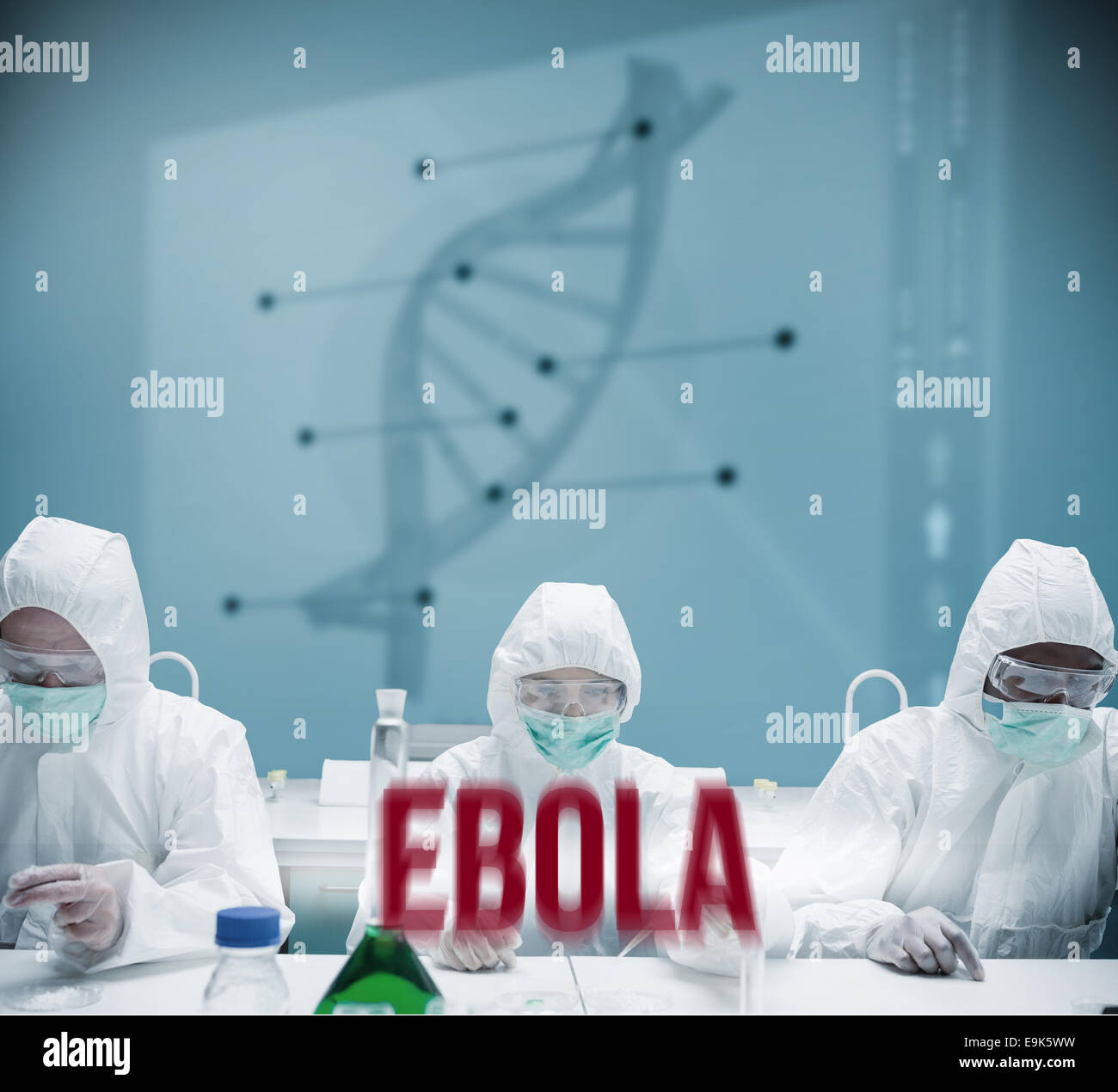 Chemists working in protective suit with futuristic interface showing ...