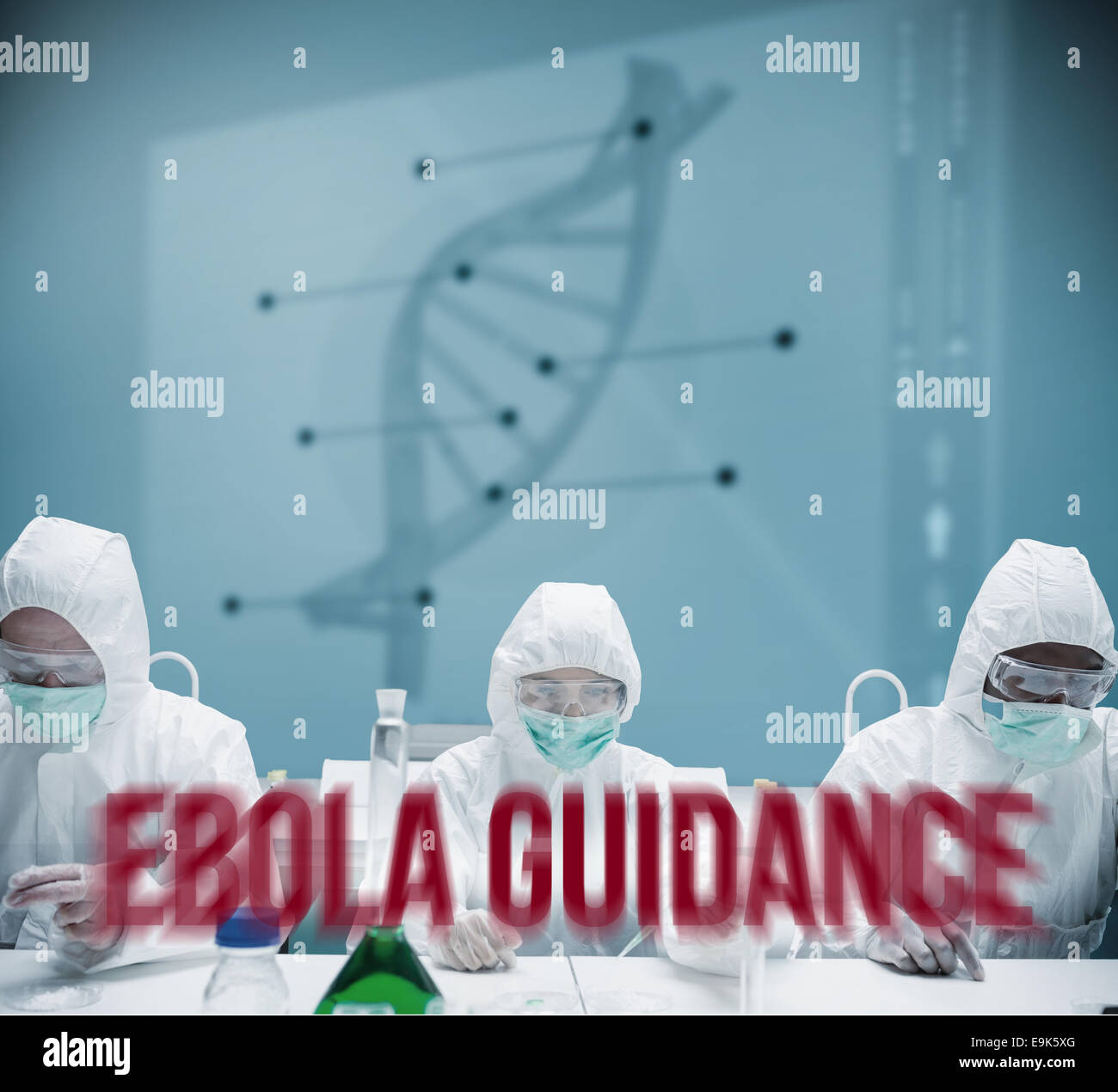 Chemists working in protective suit with futuristic interface showing ...