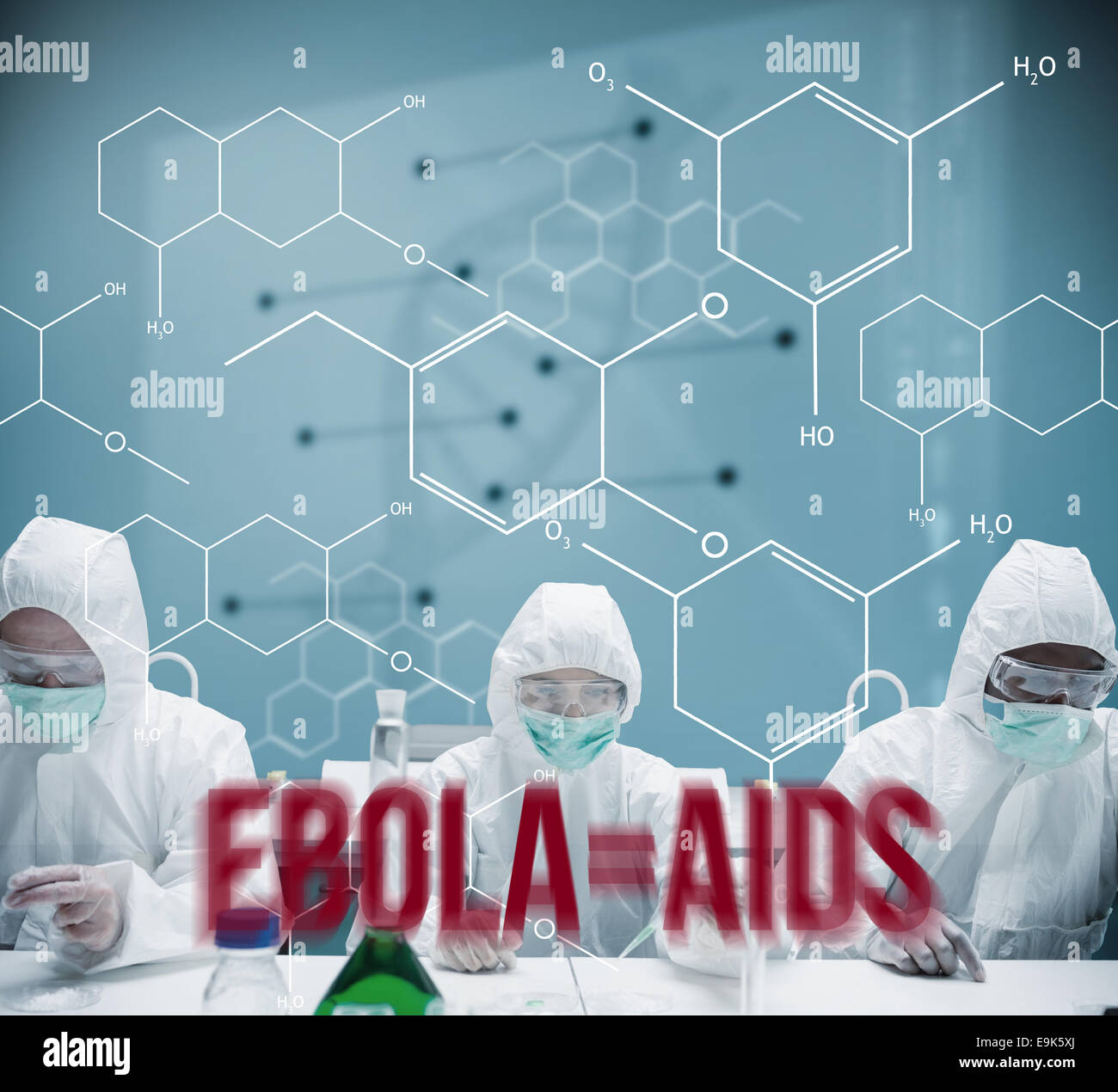 Chemists working in protective suit with futuristic interface showing ...