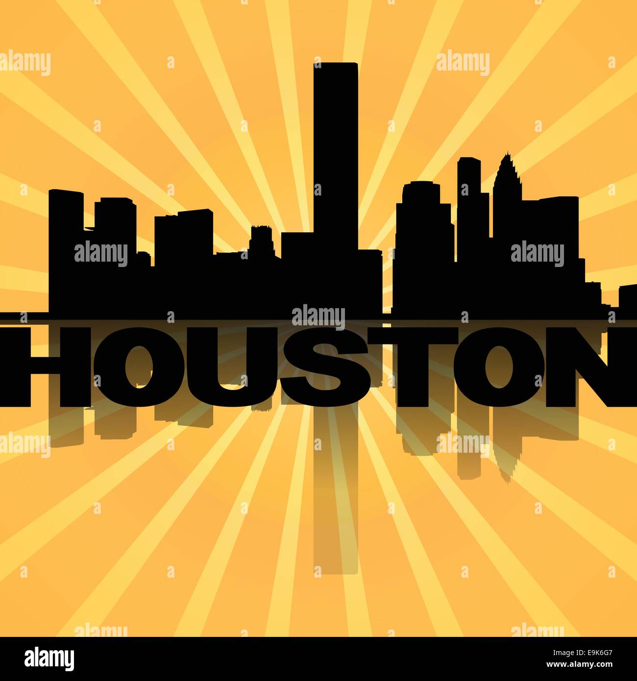 Houston skyline reflected with sunburst vector illustration Stock ...