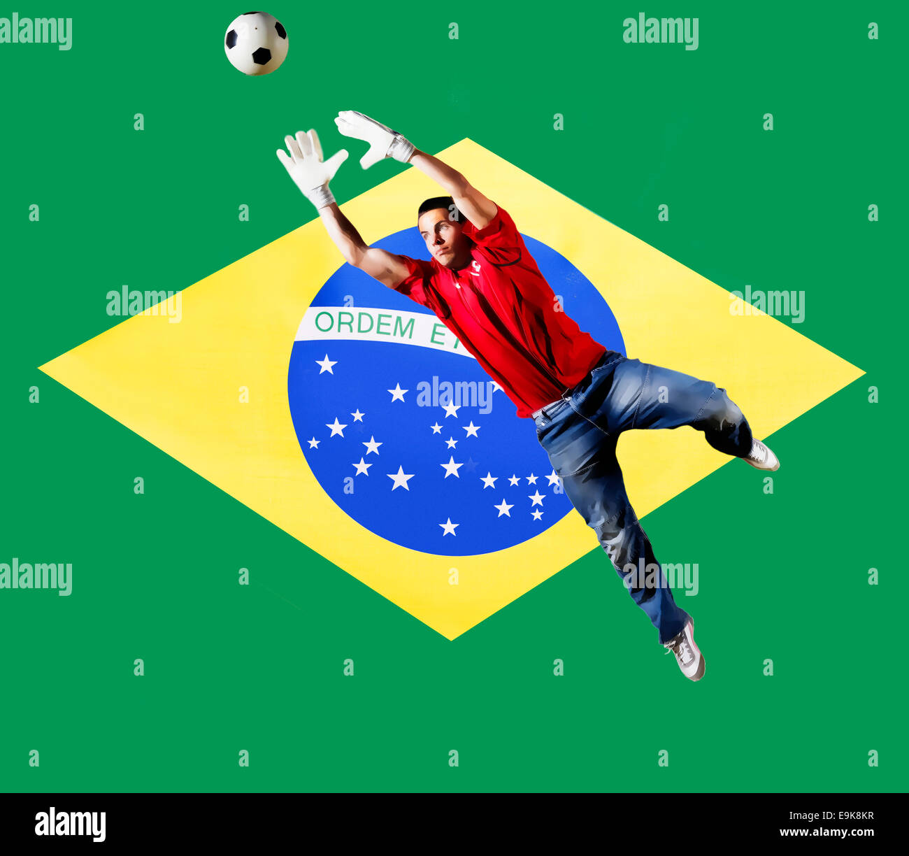 Football Goalkeeper saving shot in front of Brazil National Flag Stock ...