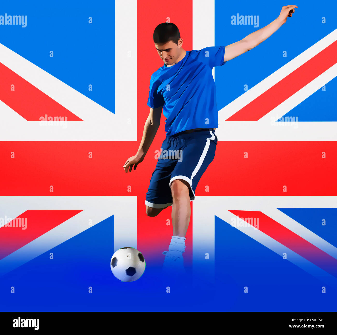 Football player shooting in front of Union Jack National Flag Stock ...