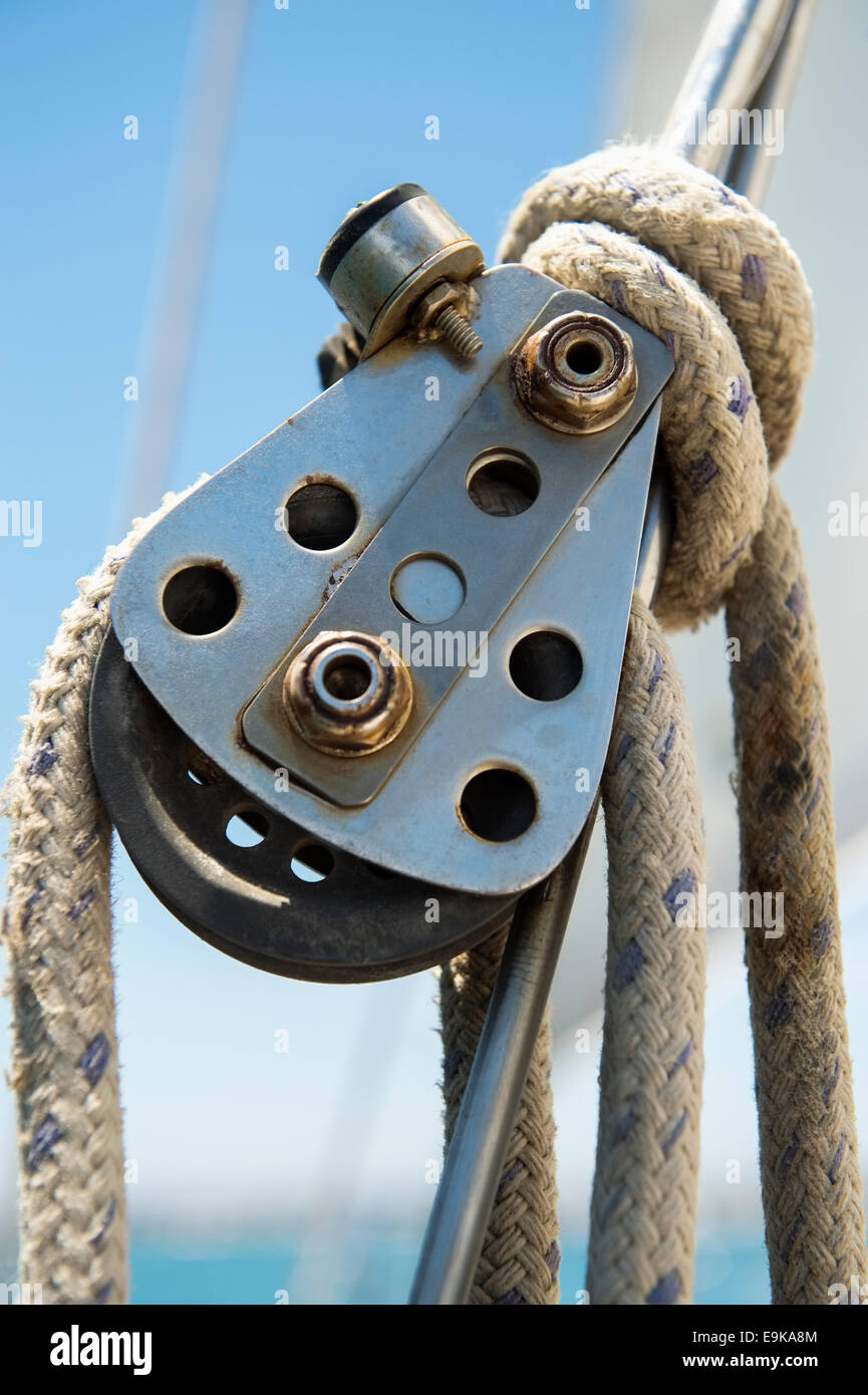 Close-up of boat's block and tackle Stock Photo - Alamy