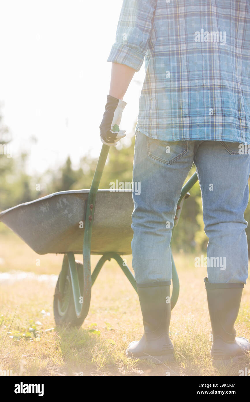 Low section rear view of man pushing wheelbarrow at garden Stock Photo ...