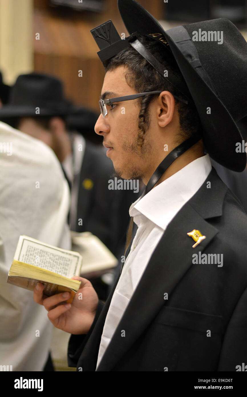 A religious young Jewish man with long peyot at morning prayers at the ...