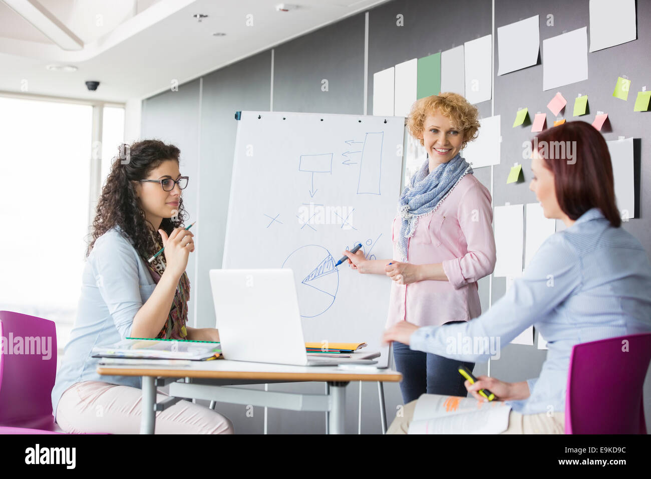 Businesswoman explaining pie chart to colleagues in creative office ...