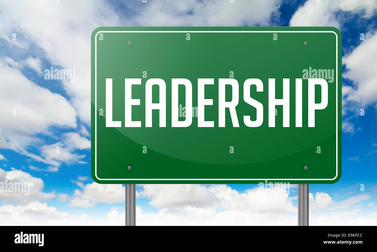 Highway Signpost with Leadership wording on Sky Background Stock Photo ...