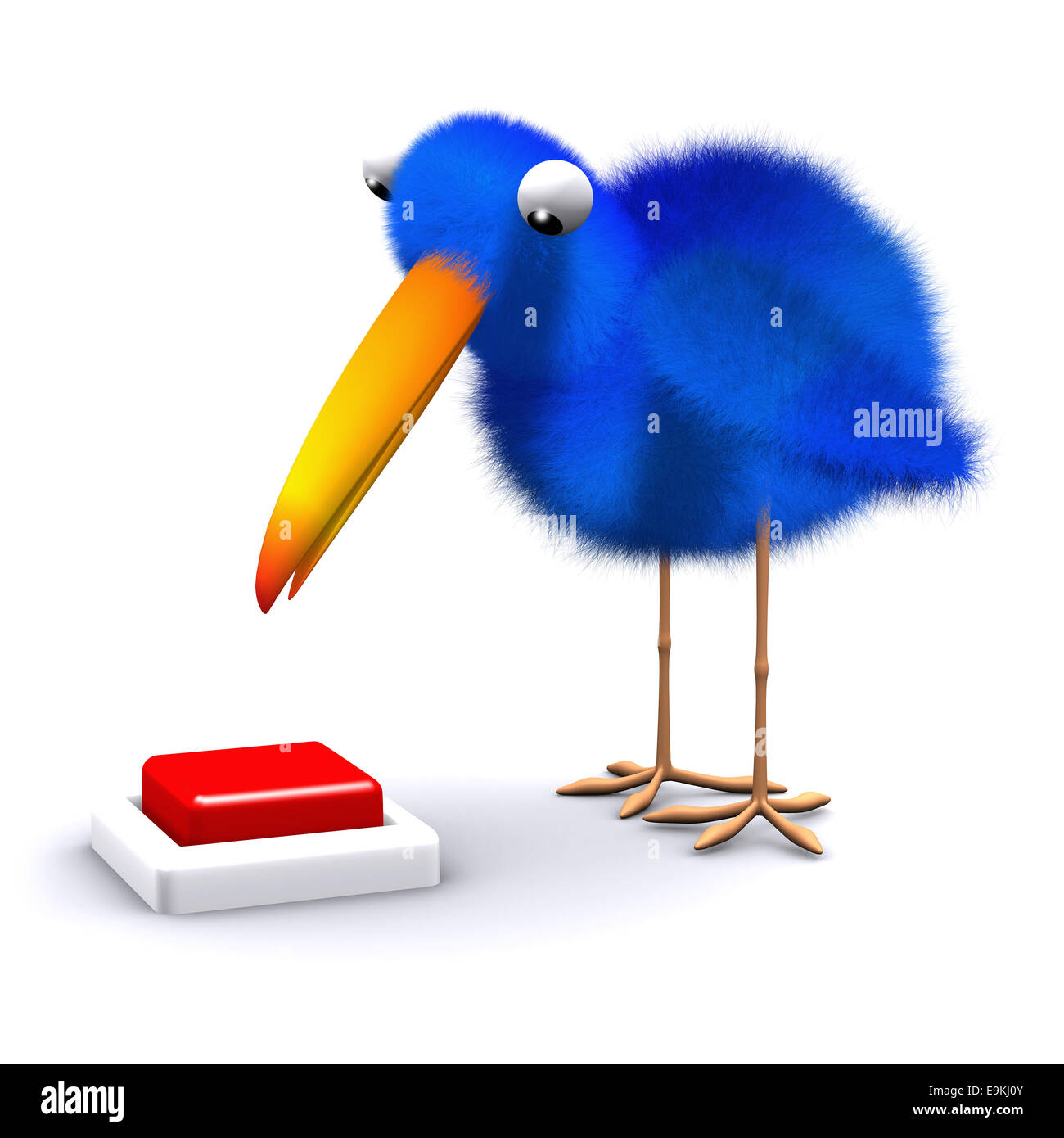 3d render of a blue bird looking at a red button Stock Photo - Alamy