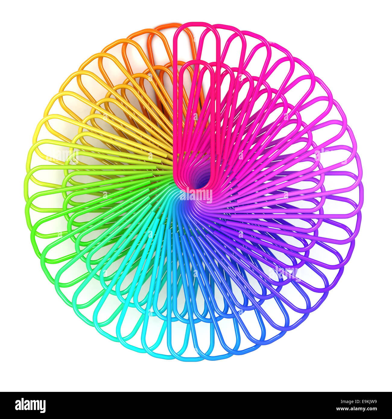 3d render of a radial arrangement of paperclips in a coloured spectrum ...