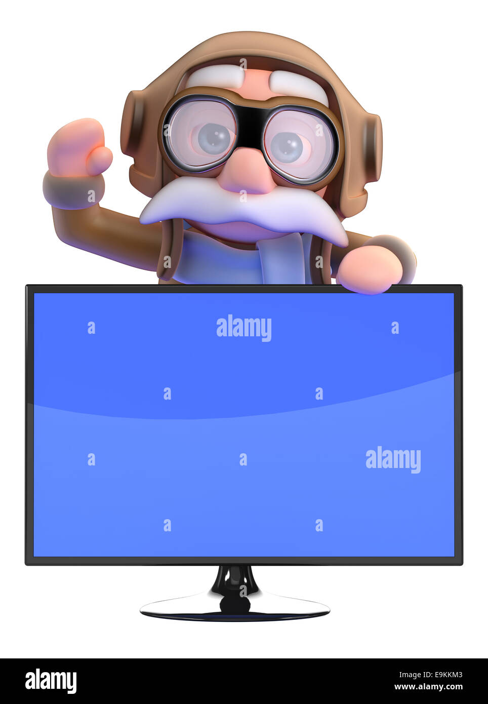 3d render of an old pilot waving from behind an lcd tv monitor screen ...
