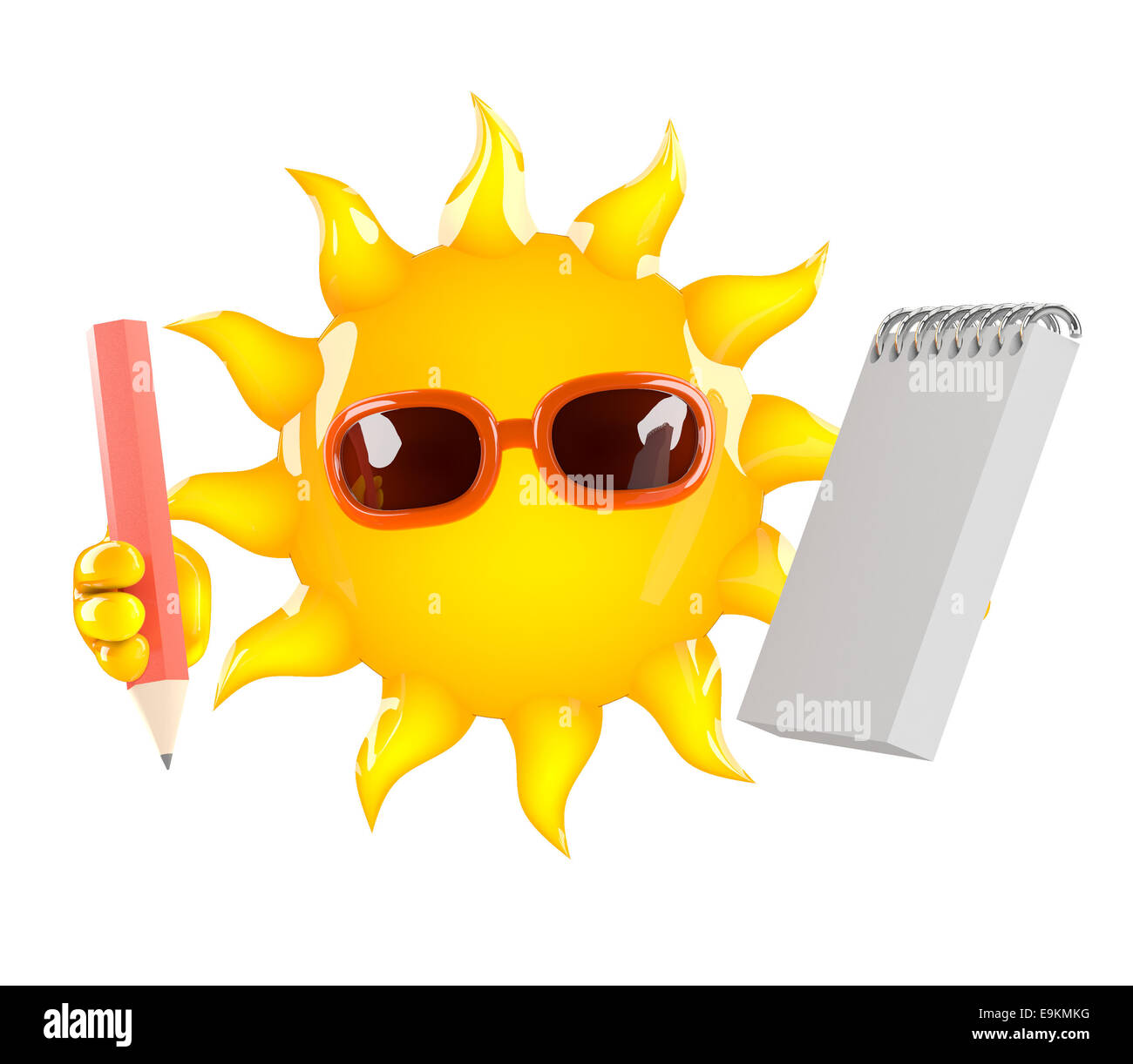 3d render of a sun character with a notepad and pencil Stock Photo - Alamy