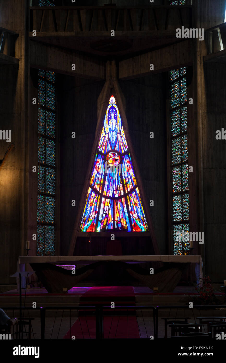 The stained glass window by the altar in the church of Notre Dame at ...