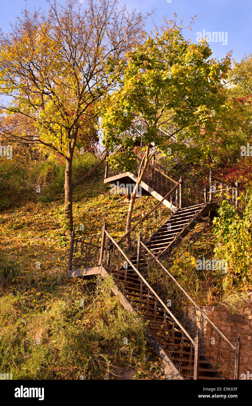 Wooden stairs at Andrew's Descent in the autumn. Kiev, Ukraine Stock ...