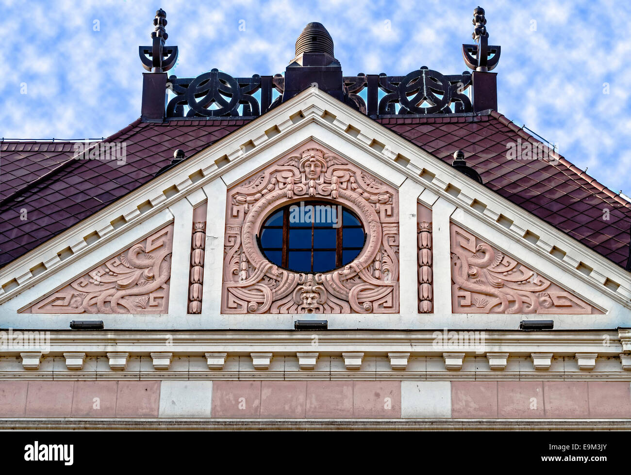 Stone facade on classical building with ornaments and sculptures. Novi ...