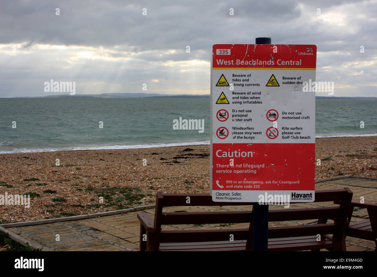 Warning sign at West Beachlands on Hayling Island in Hampshire Stock ...