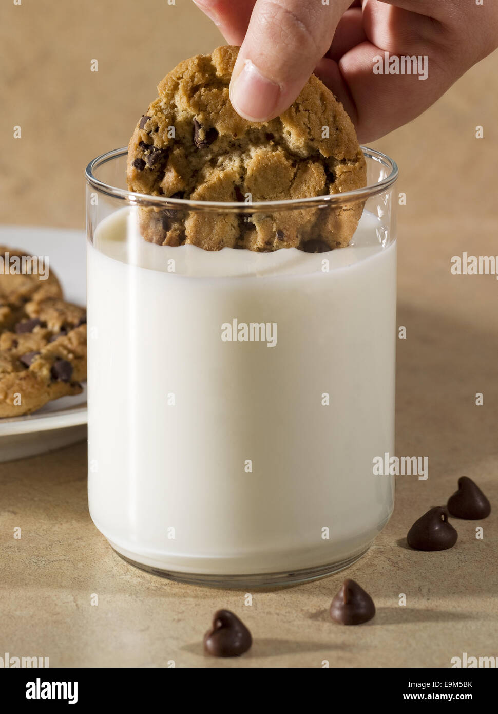 A hand dunking a chocolate chip cookie in a glass of milk Stock Photo ...