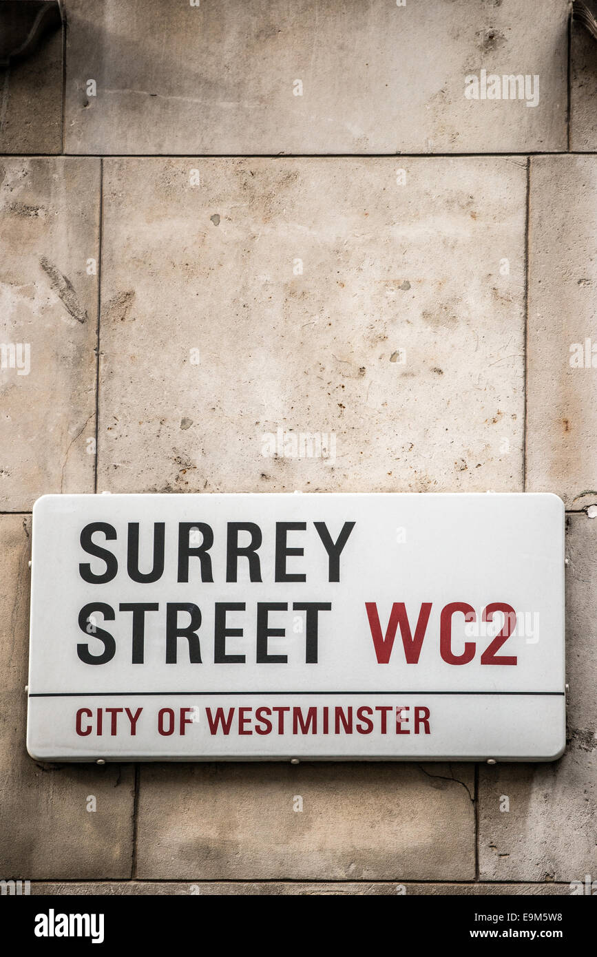 Street signs for Surrey Street WC2 in the City of Westminster in ...