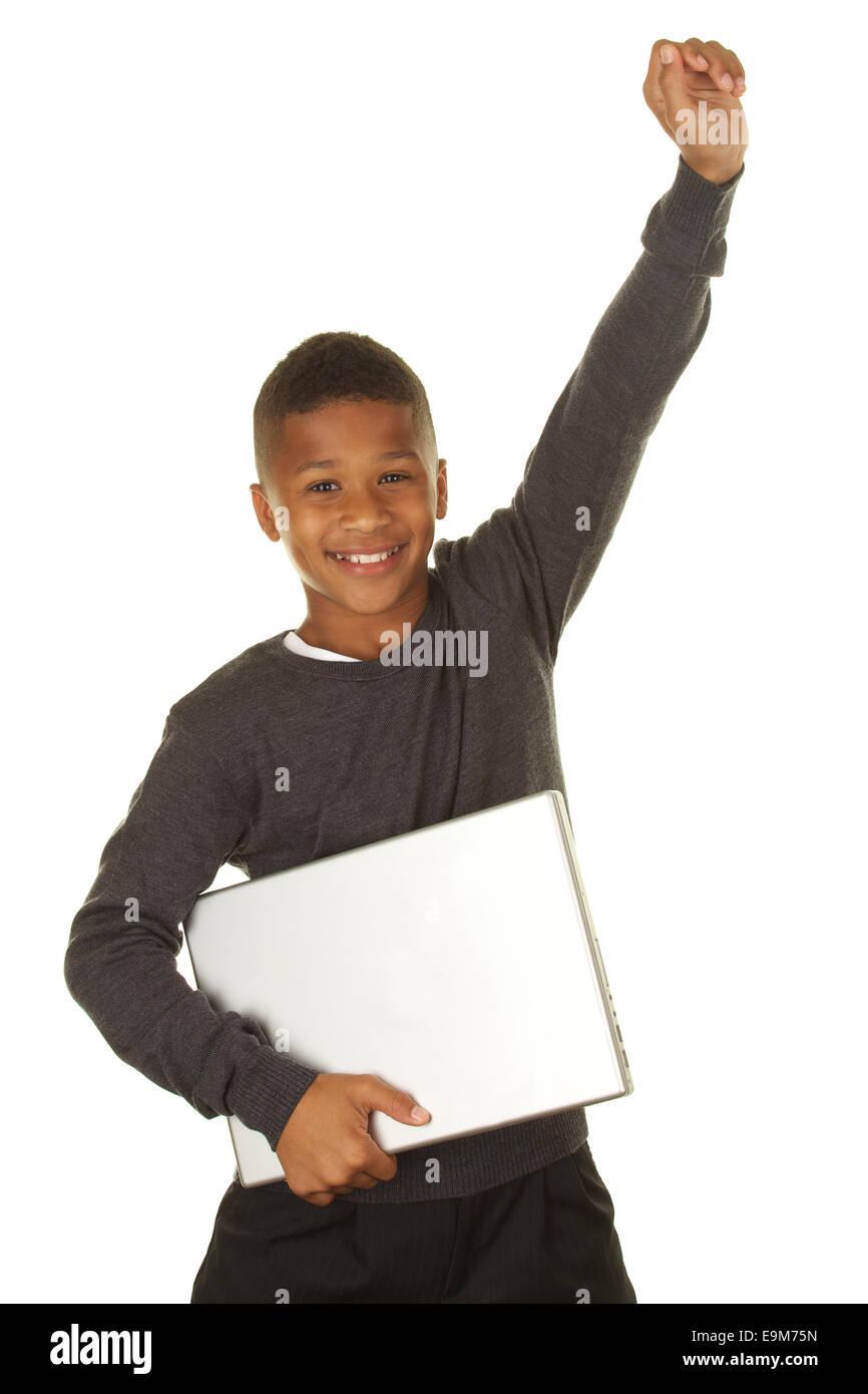 Handsome Eleven Year old African American Boy Holding a Laptop Computer ...