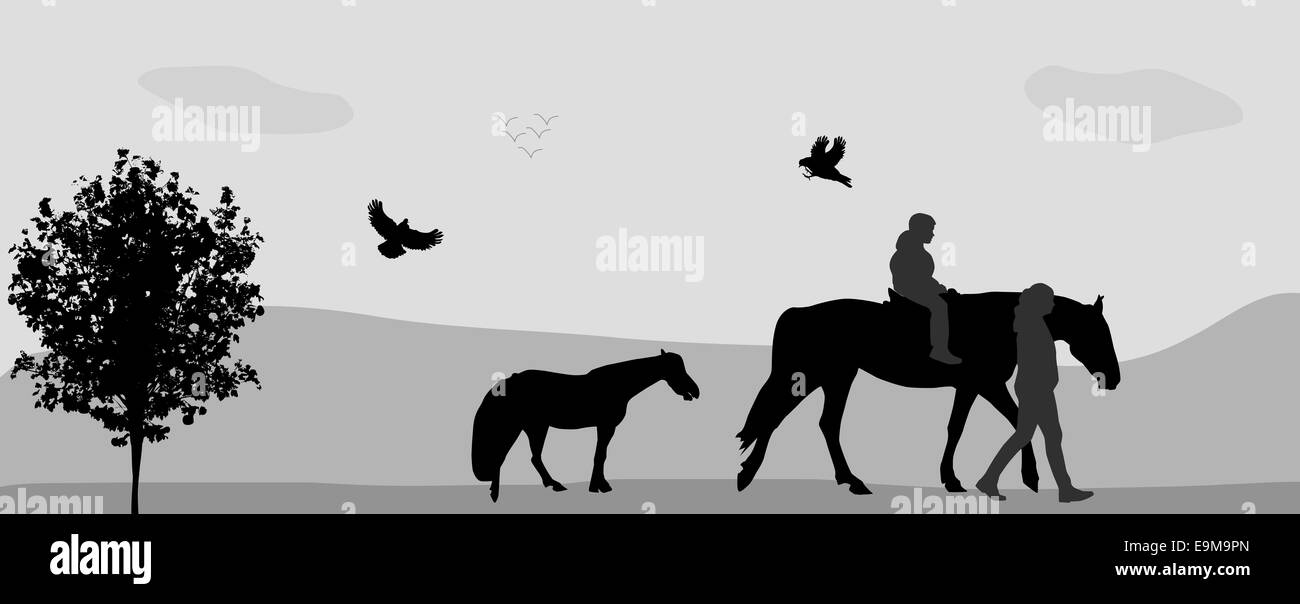 People Walk on, Connie, Birds Fly in Nature. Vector Illustration Stock ...