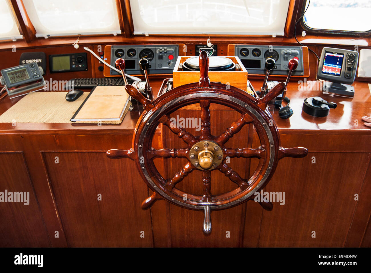 Steering wheel on the bridge of Pelagian liveaboard, Wakatobi Dive ...