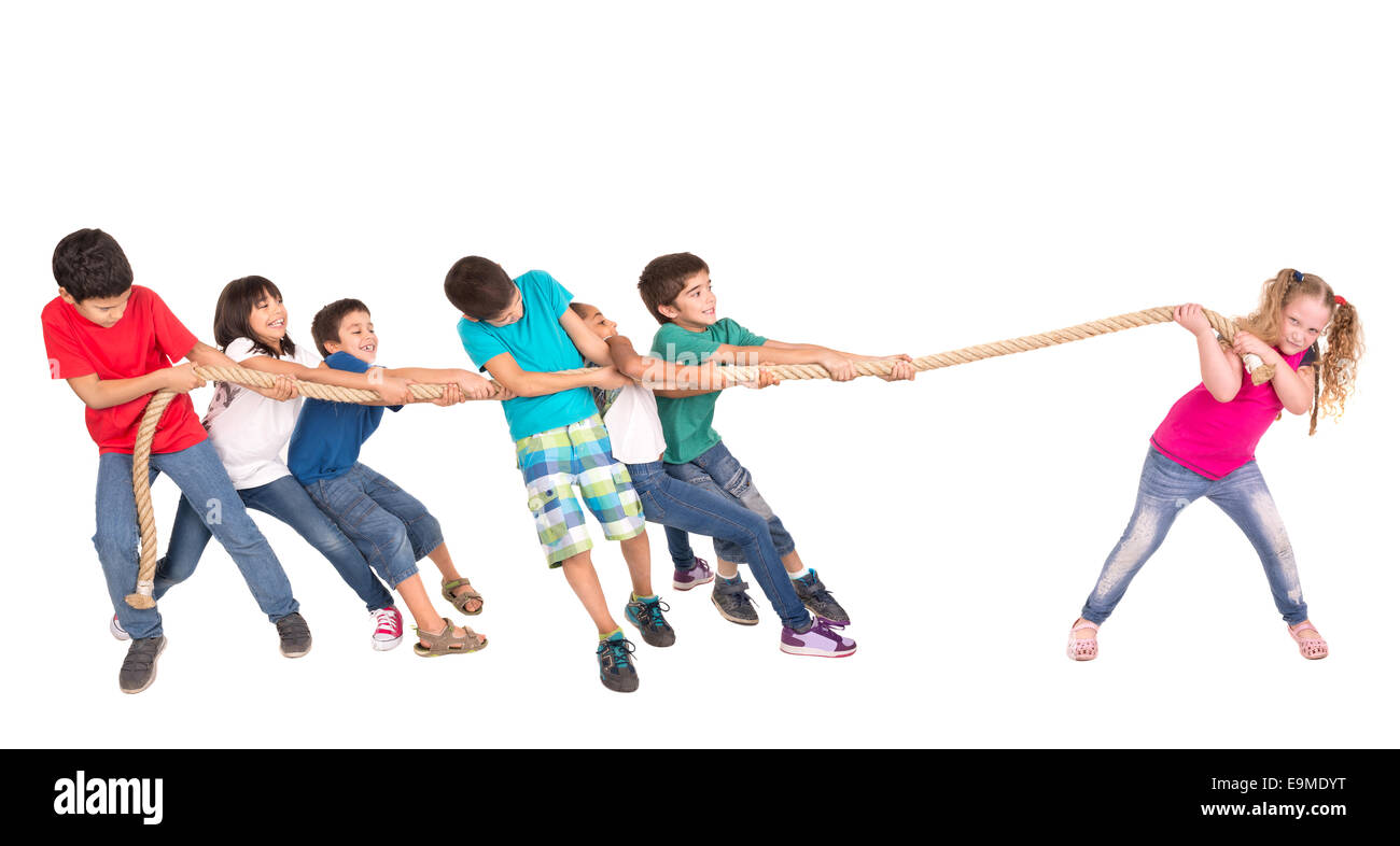 Group of children in a rope-pulling contest against just one strong ...