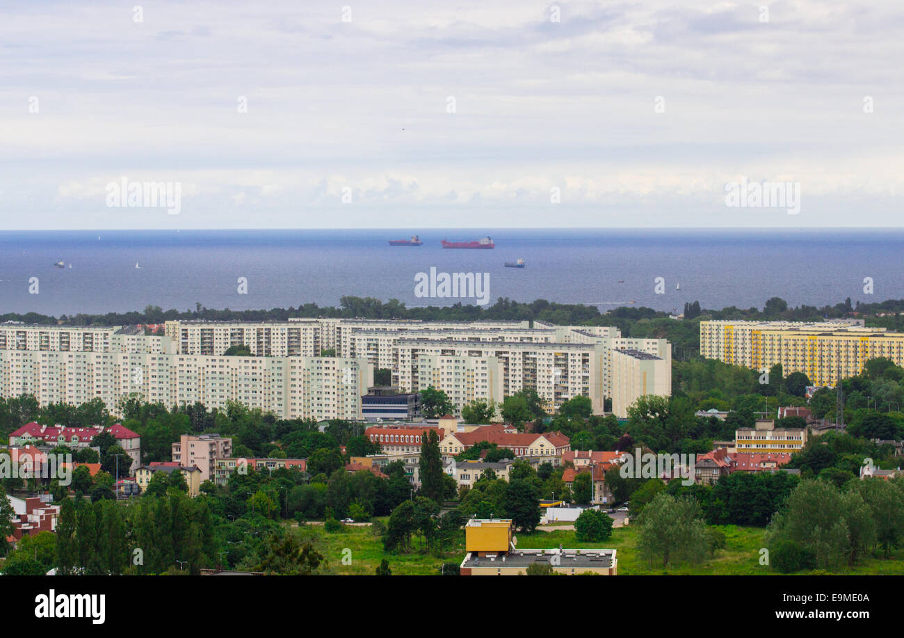 View from high tower of sea and houses district Gdansk, landscape from ...