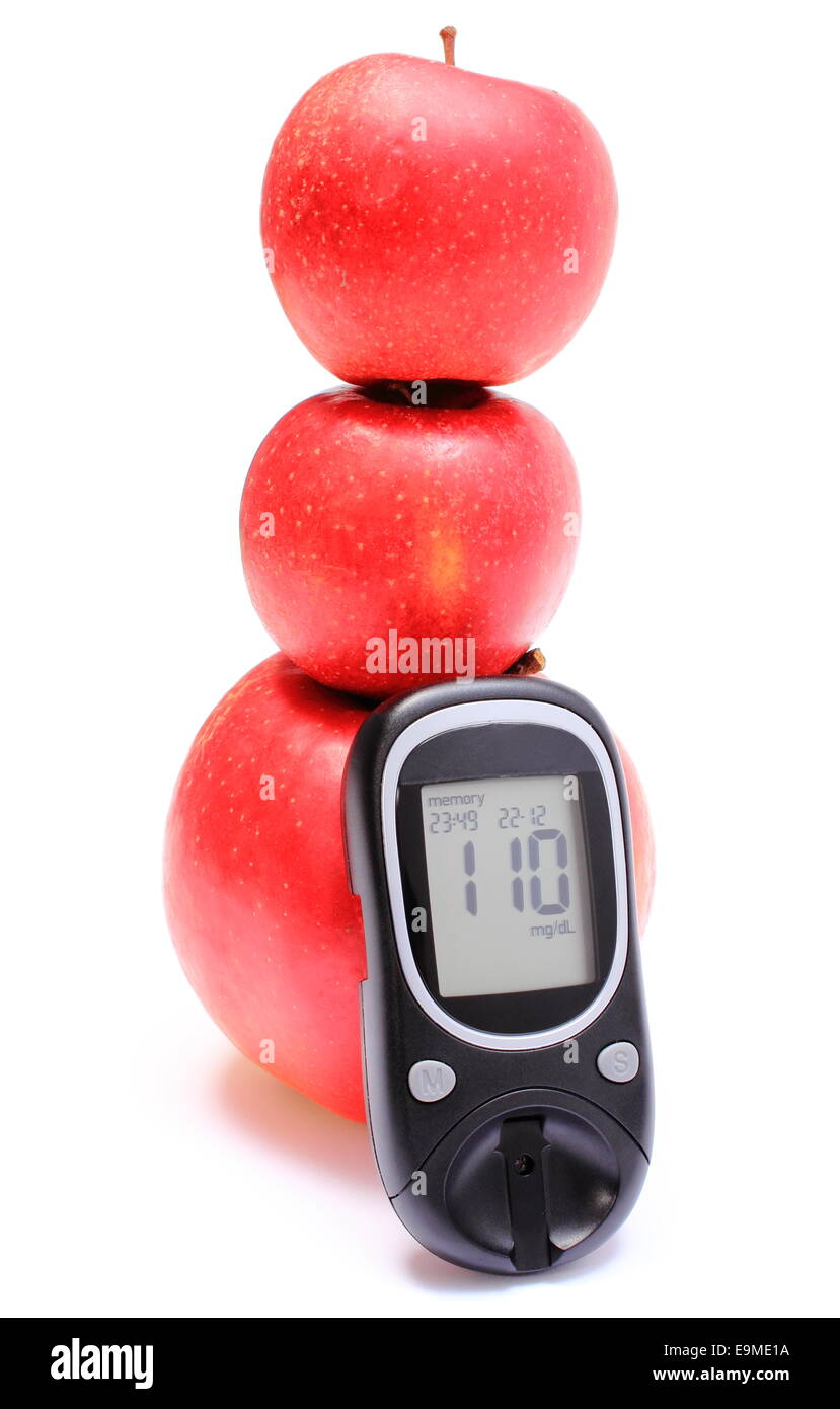 Stack of fresh red apples with glucose meter on white background ...