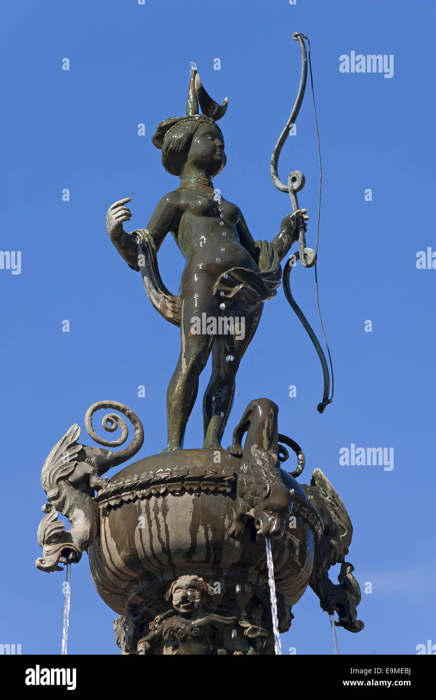 Luna sculpture on the Luna Fountain, 1530, against blue sky, market ...